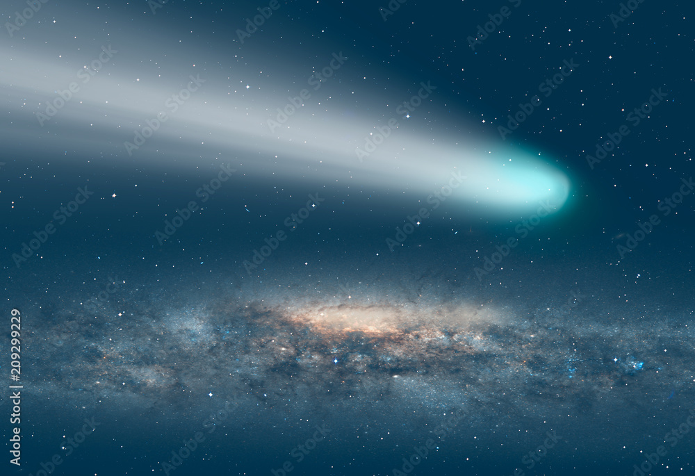 Comet on the space - Planet Earth in front of the Milky Way galaxy ...