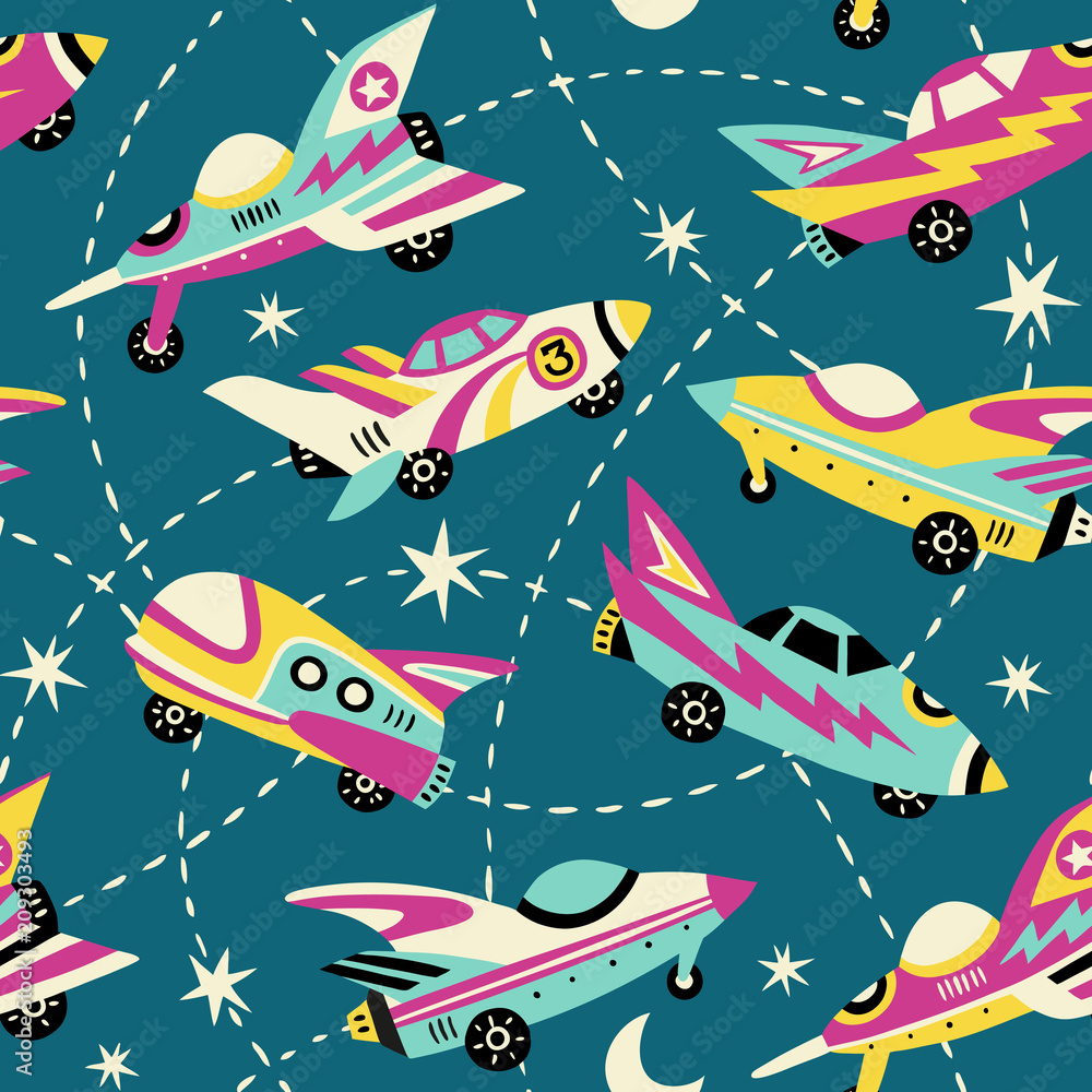 Vintage space cars seamless vector pattern on teal background. Cute ...