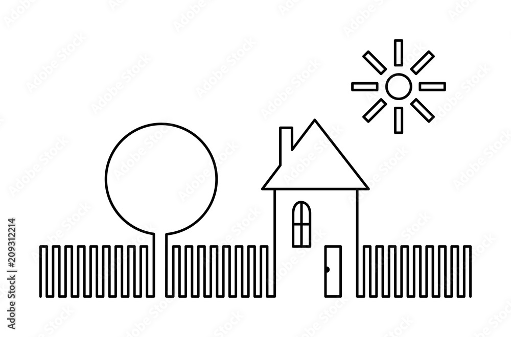 House with a tree under the sun. A simple schematic black and white ...