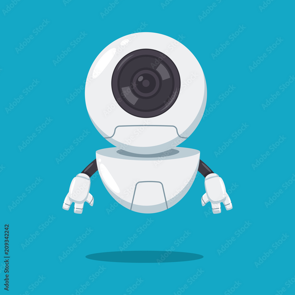 Cute flying robot with lens vector flat cartoon character isolated on ...