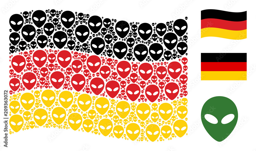 Waving German official flag. Vector alien face elements are grouped ...