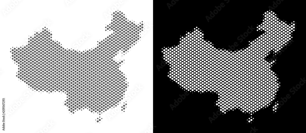 Halftone round pixel China map. Vector territorial maps in gray and ...