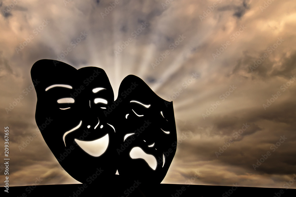 Happy and sad masks of Pathos denote comedy and tragedy and are theater ...
