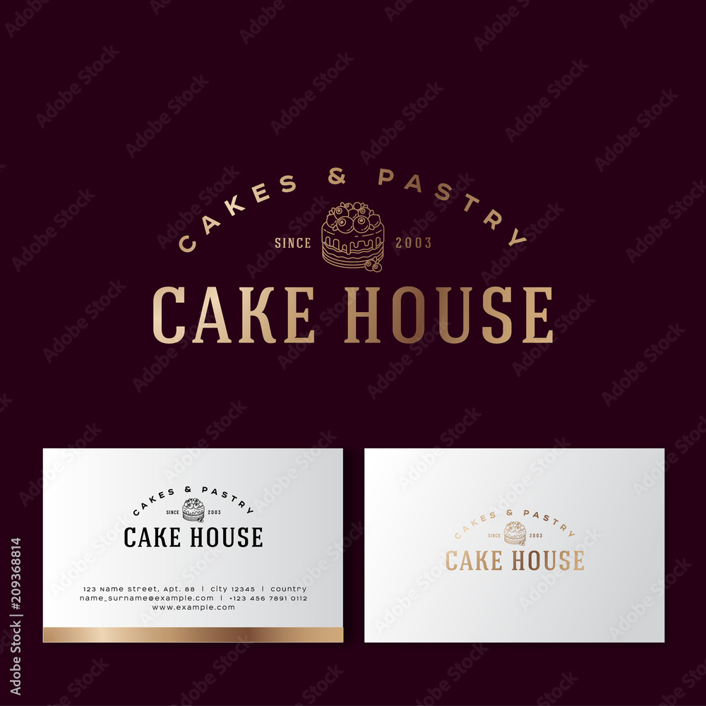 Cake house gold logo. Cakes and pastry emblem. Bakery and cafe logo. A ...
