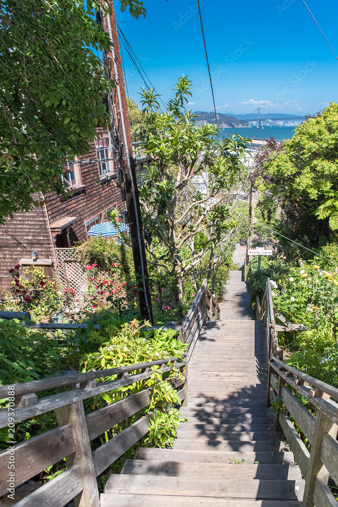 San Francisco, charming wooden staircase in Napier Lane, Telegraph Hill ...