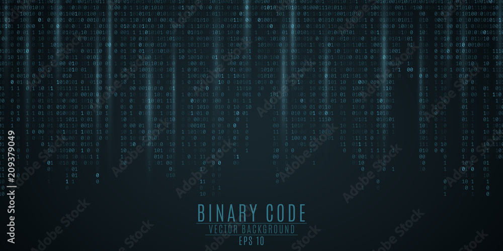 Binary code background. Blue glow. Falling figures. Blurring of figures in motion. Global ...