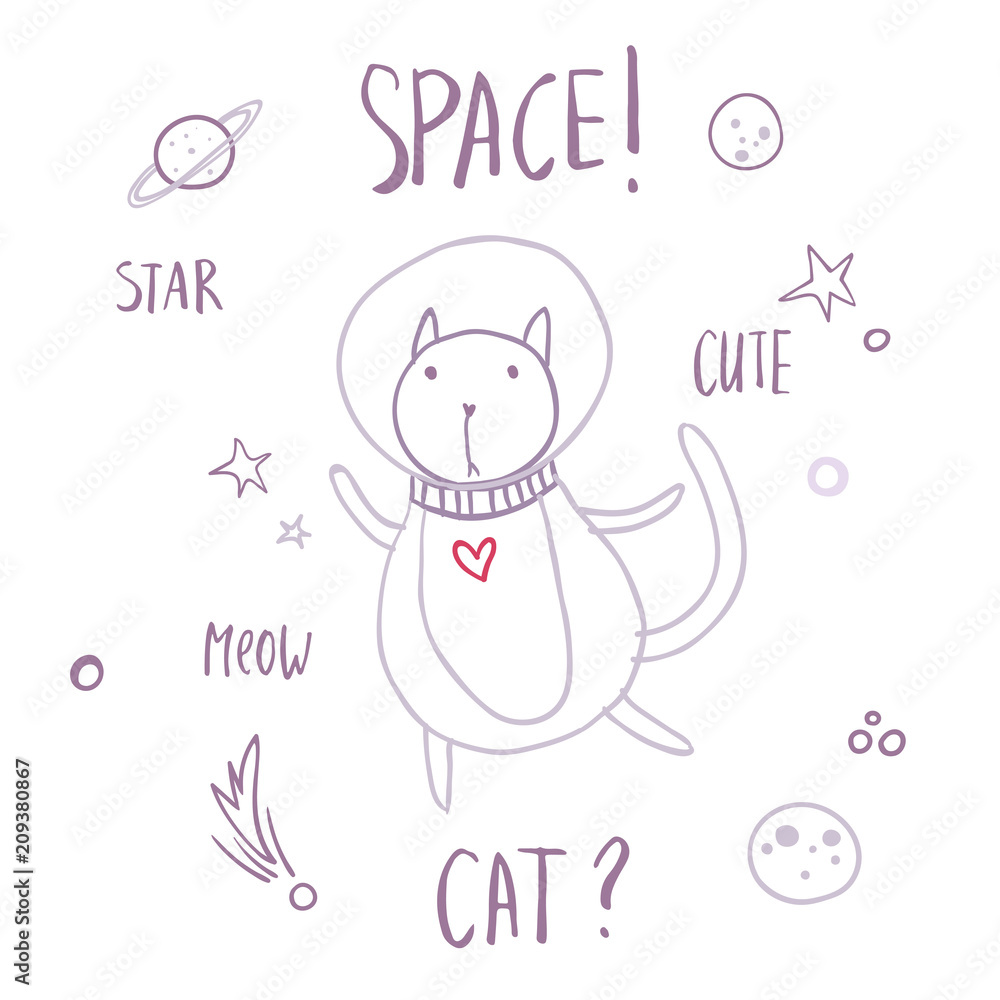 Cute cat flying in space sleeping surrounded by stars, planets ...