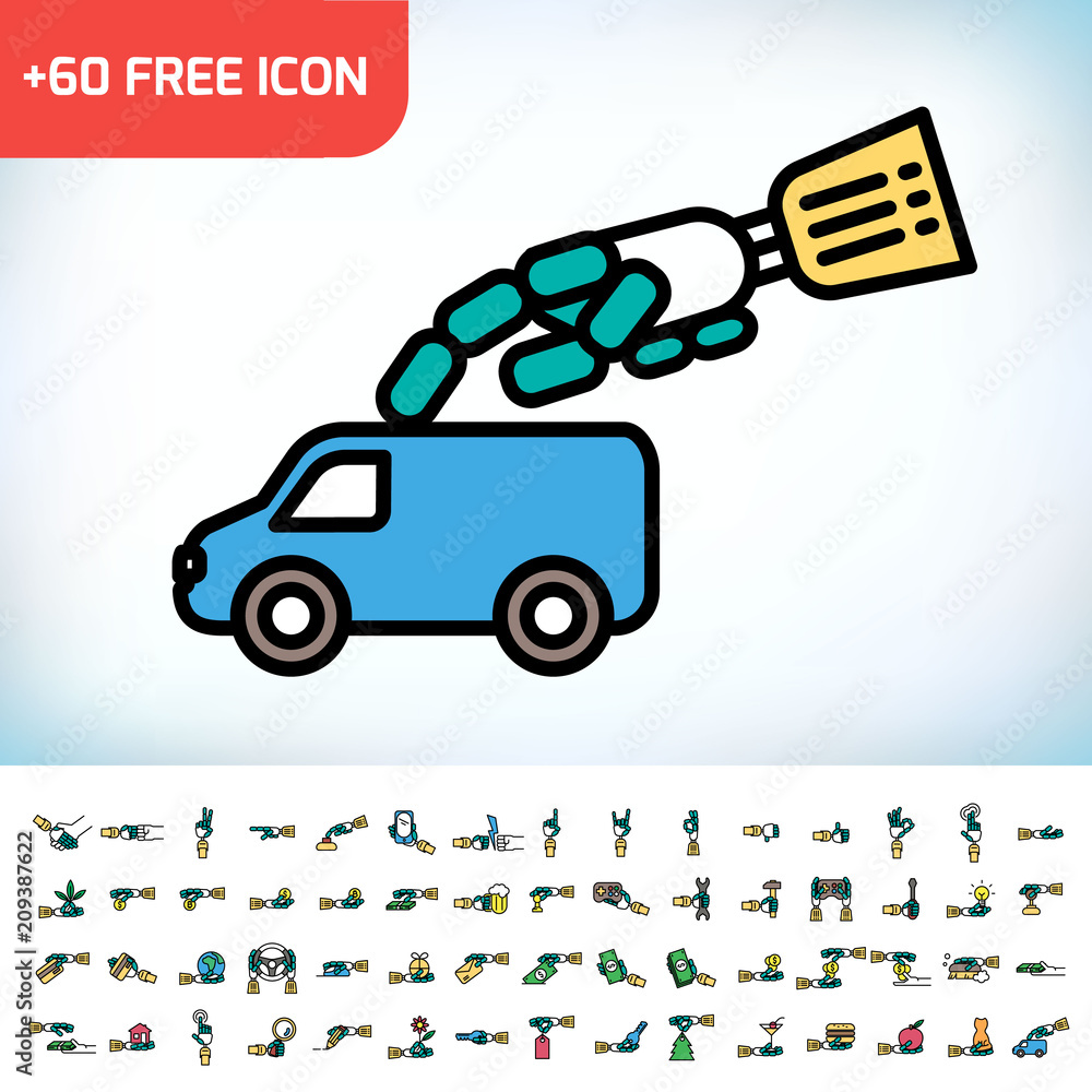 Robotic hand drive car icon. Innovative digital autopilot. Robot arm ...