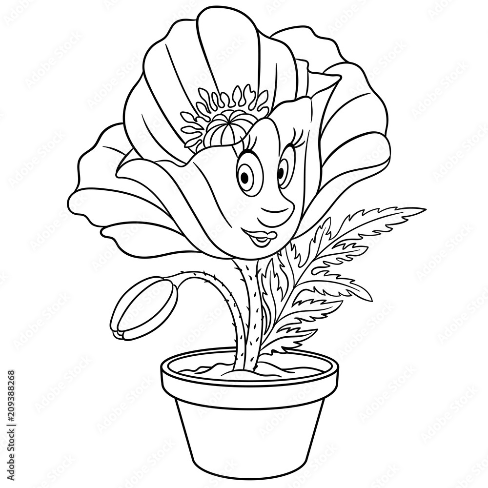 Poppy flower in a pot. Coloring page. Colouring picture. Coloring book ...