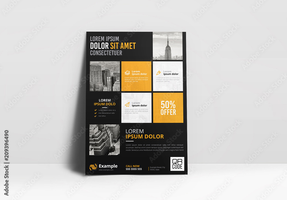 Black Flyer Layout with Orange Accents Stock Template | Adobe Stock