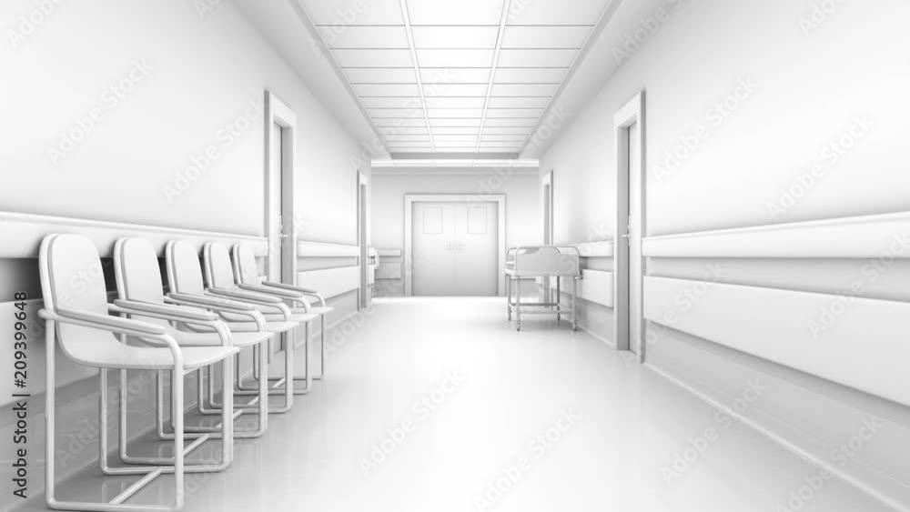 White hospital corridor, visitor, walks through halls. A modern ...
