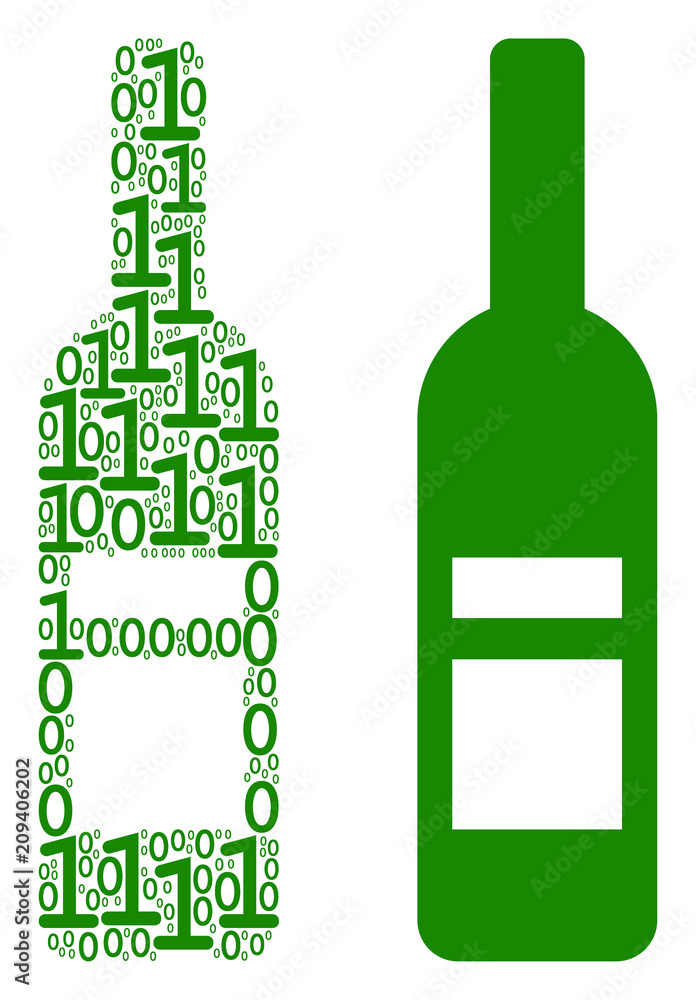 Wine bottle collage icon of binary digits in different sizes. Vector digit symbols are scattered ...