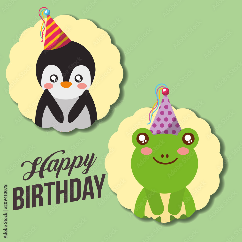 cute happy birthday card funny penguin and frog vector illustration ...