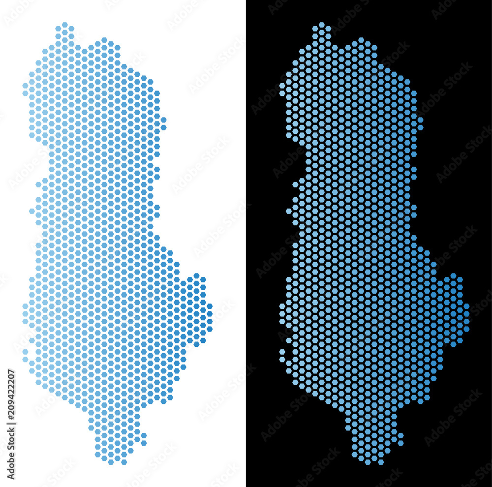 Hex-Tile Albania map. Vector territorial scheme in light blue color ...