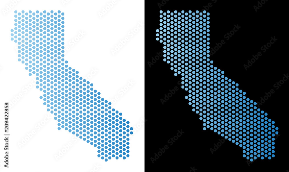 Hex Tile California map. Vector territory scheme in light blue color ...