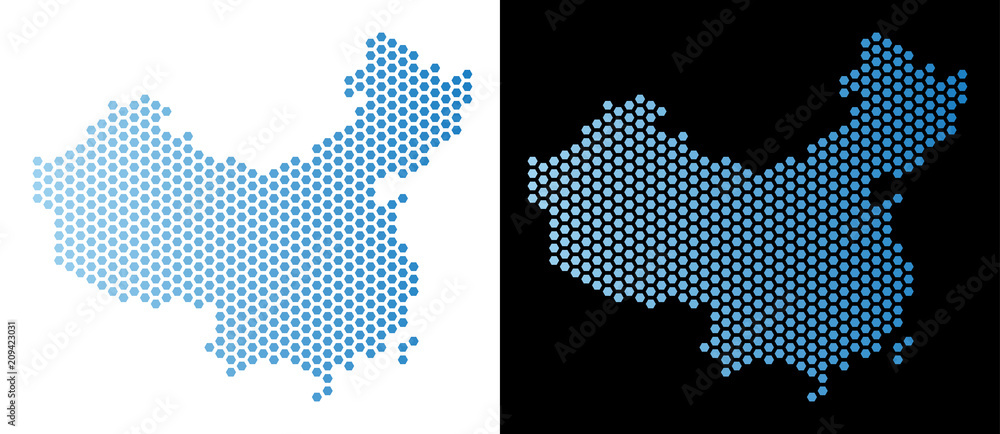 Hexagon China map. Vector geographic scheme in light blue color with ...