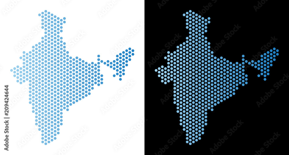Hex Tile India map. Vector territorial scheme in light blue color with ...