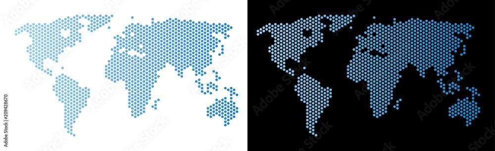 Hexagon world map. Vector geographic scheme in light blue color with ...
