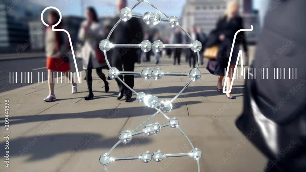 DNA molecule and genetic code with a people background. Visualization ...