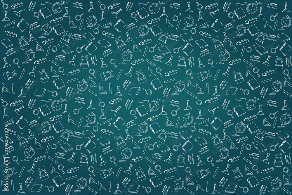 School background with hand drawn doodle icons of study. Back to school ...