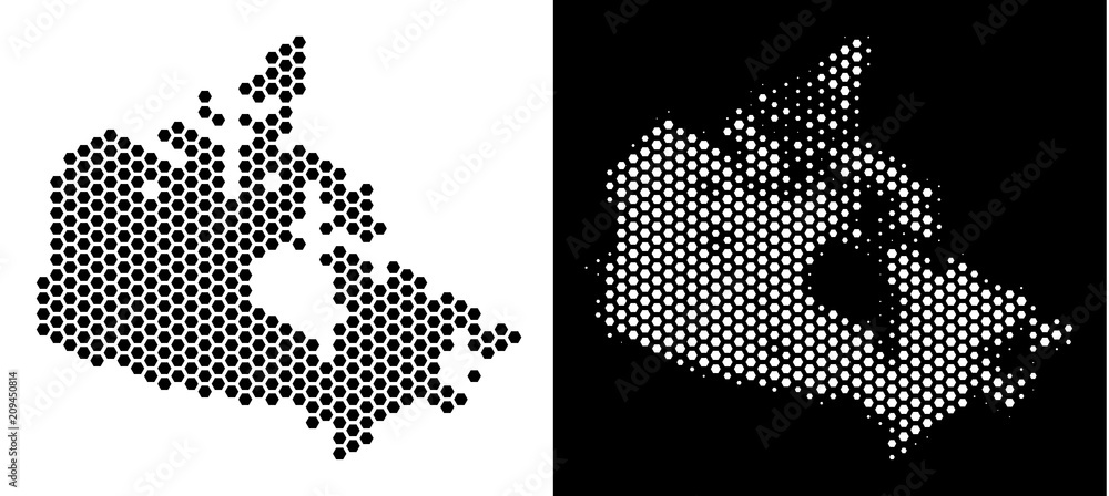Hex-Tile Canada map. Vector territorial plan in black and white ...