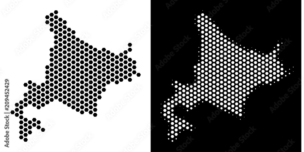 Hexagonal Hokkaido Island map. Vector territorial scheme in black and ...