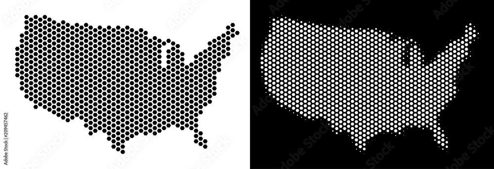 Hex Tile USA map. Vector geographic plan in black and white versions ...