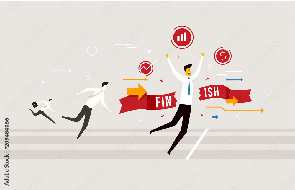 Businessman crossing finish line, he is won a competition. growth ...