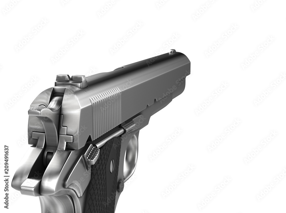 Silver vintage semi automatic gun - first person left hand view Stock ...
