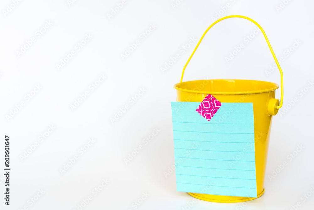 Illustration of bucket list concept with yellow metal bucket and list ...