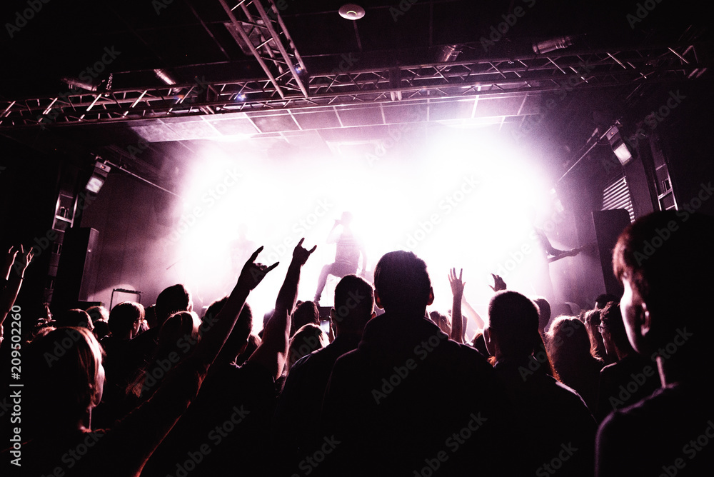 Silhouettes of people in a bright in the pop rock concert in front of ...