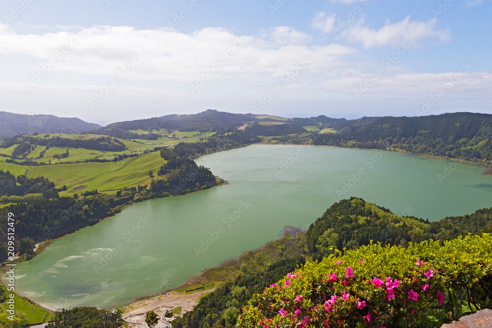 Panoramic view of Lake (Lagoa) das Furnas, a lake in volcanic crater on ...