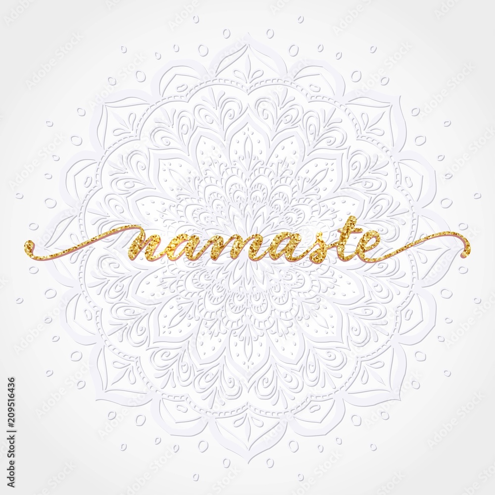 Namaste, indian greeting, hand drawn lettering with golden glitter ...