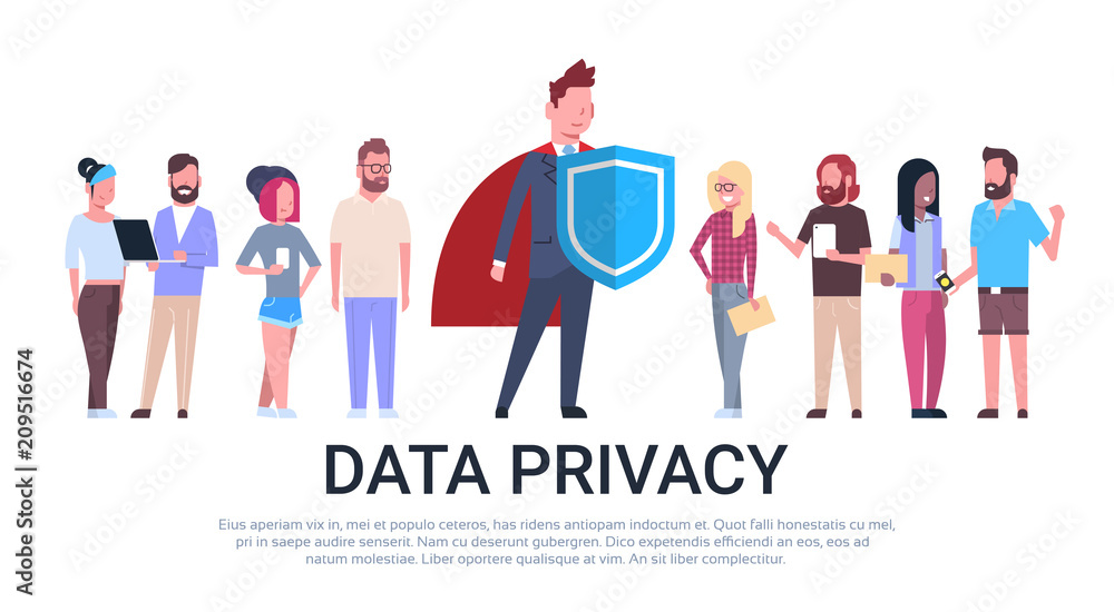 man shield mix race team GDPR data privacy on white background network ...