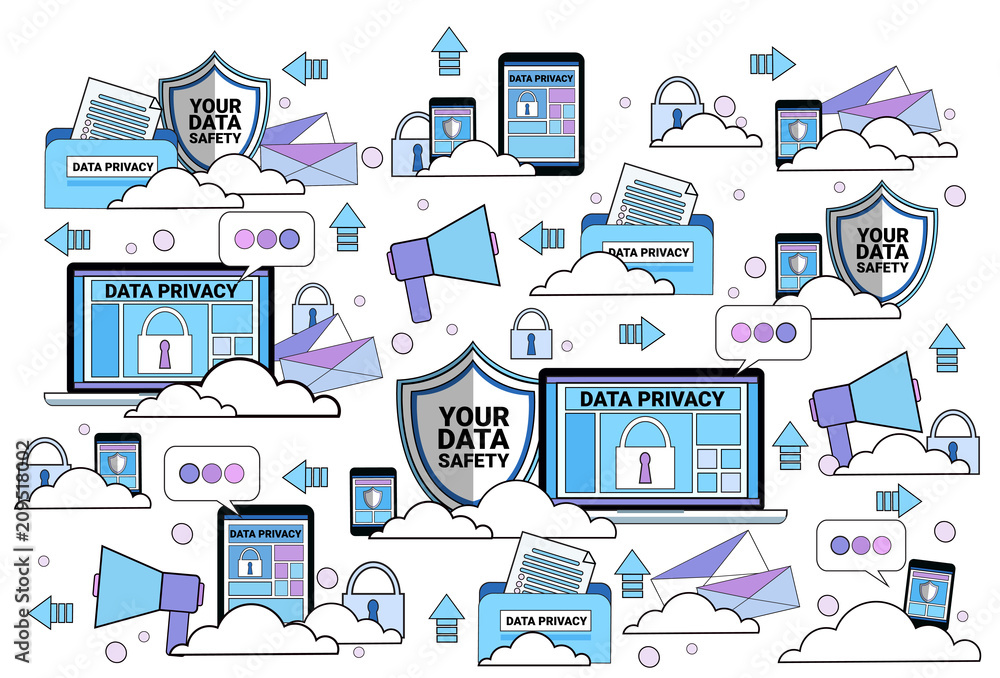 data safety cloud shield tablet padlock over synchronization General Data Protection Regulation ...