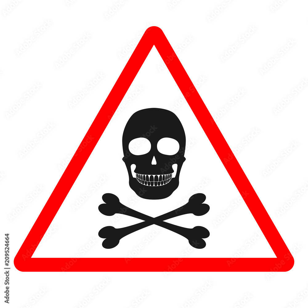 CAUTION sign. Black skull and crossbones on triangle. Vector icon ...