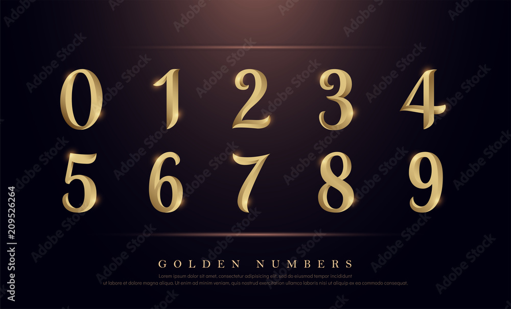 Elegant Numbers Gold Colored Metal Chrome alphabet font. Number ...