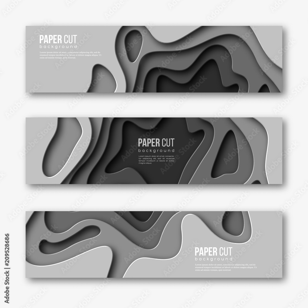 3d paper cut horizontal banners. Shapes with shadow in different grey ...