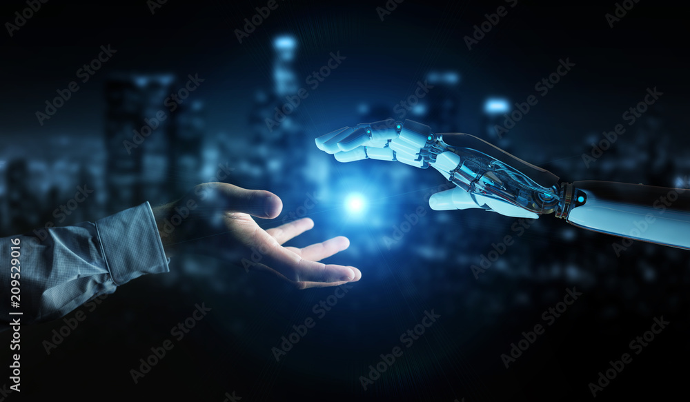 White cyborg hand about to touch human hand 3D rendering Stock ...