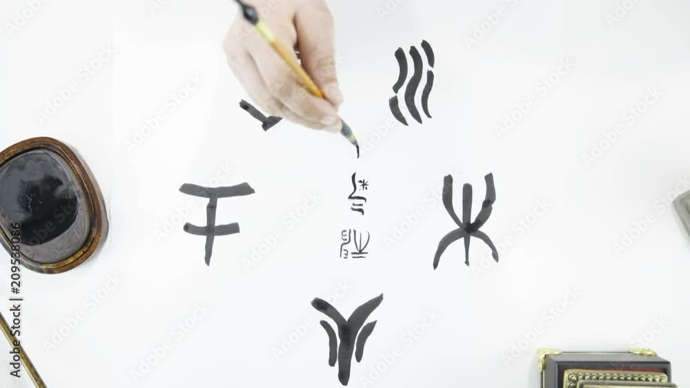 Drawing Chinese calligraphy element symbols top view close up 4K. Bird ...