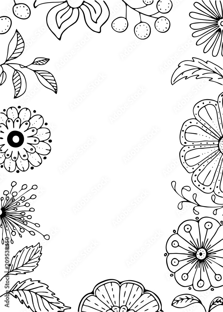 hand drawn floral frame in doodle style with flowers and leaves Stock ...