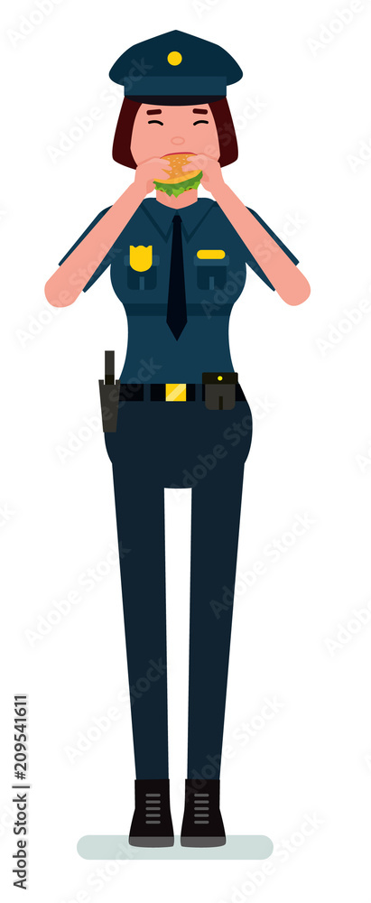 Police woman eating a Burger. Vector cartoon flat design illustration ...