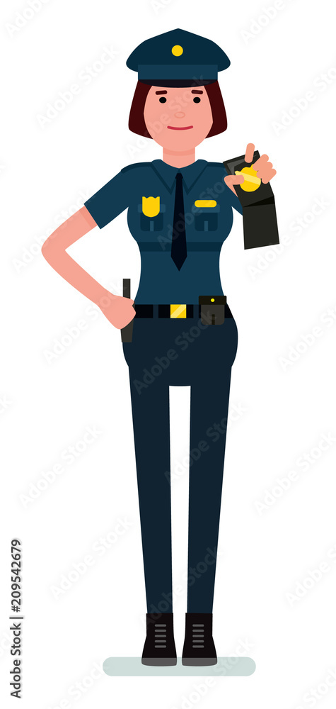 Female police officer shows token. Vector cartoon flat design ...