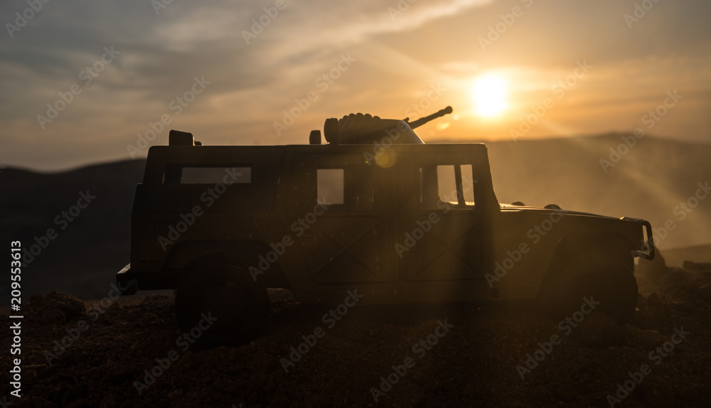 Military patrol car on sunset background. Army war concept. Silhouette ...