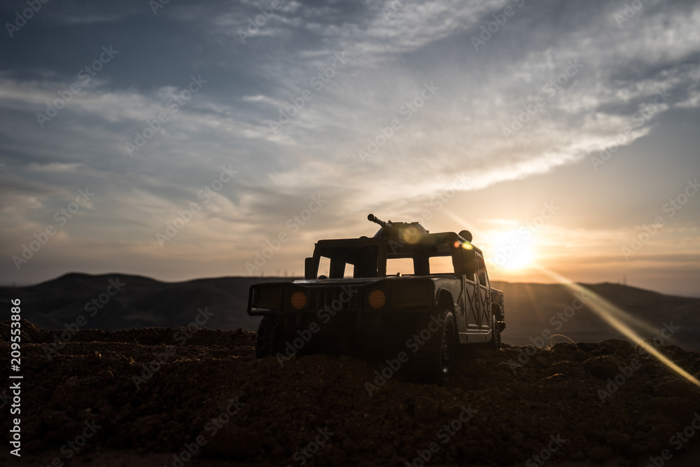 Military patrol car on sunset background. Army war concept. Silhouette ...
