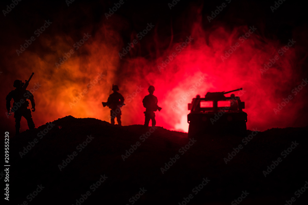 War Concept. Military silhouettes fighting scene on war fog sky ...