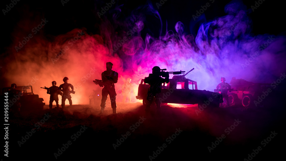War Concept. Military silhouettes fighting scene on war fog sky ...