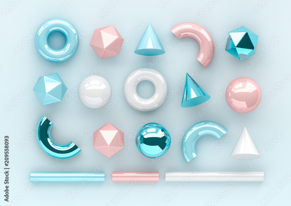 Set of 3d render realistic primitives on blue background. Isolated graphic elements. Spheres ...