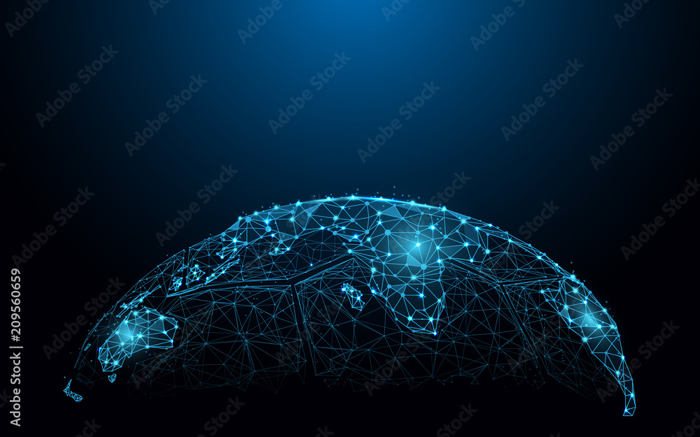 World map and Soccer ball form lines, triangles and particle style ...
