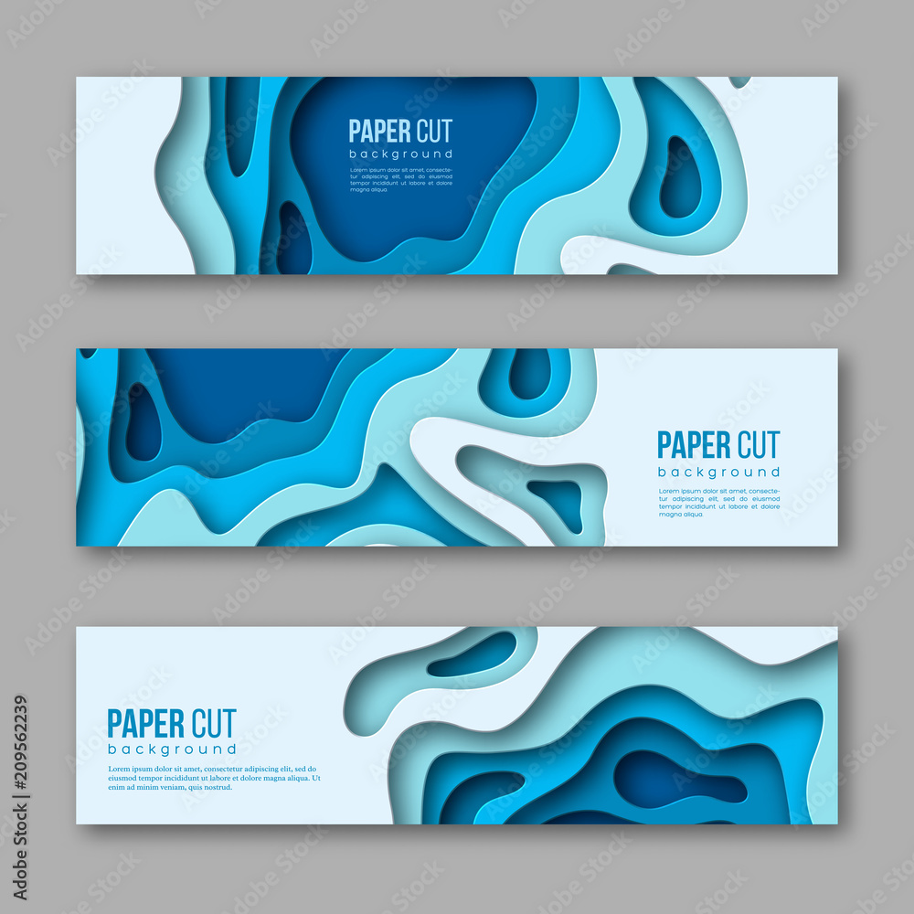 3d paper cut horizontal banners. Shapes with shadow in different blue ...